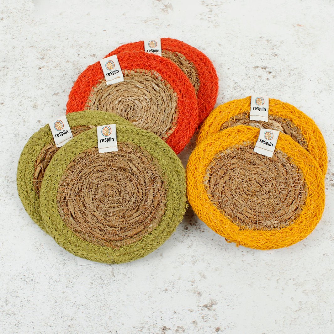 ReSpiin | Set of 6 Seagrass & Jute Coasters - Brights | Coaster Set ...